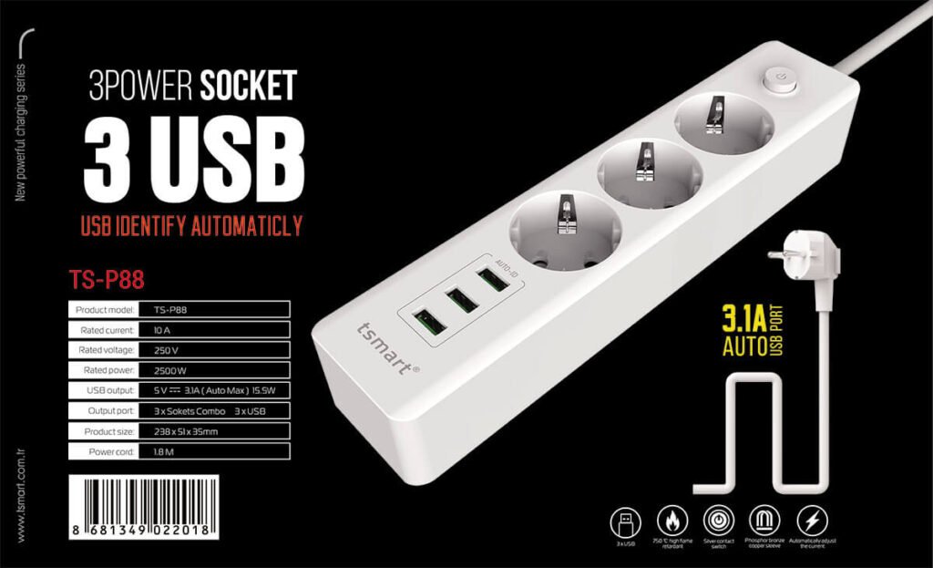 Tsmart Akım Korumalı Akıllı Priz 3USB Port - Tsmart