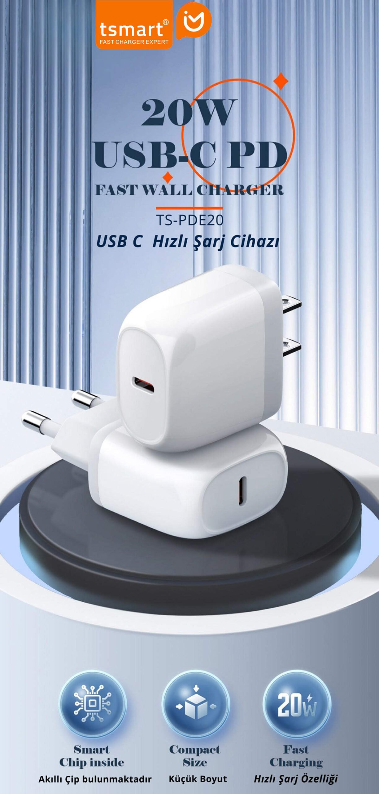 Tsmart Type C PD 20W Seyahat Hızlı Şarj Cihazı TS-PDE20 - Tsmart